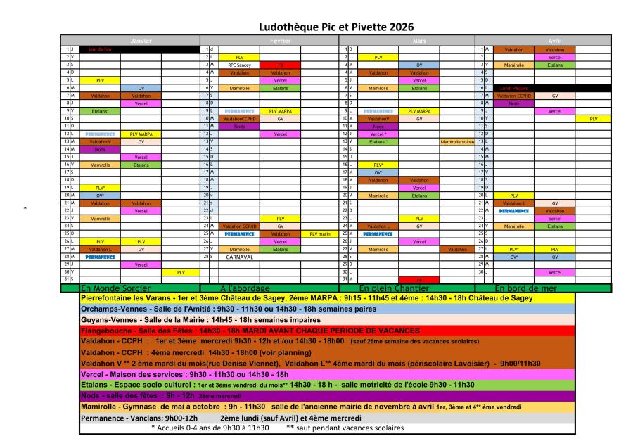 Planning Annuel Pic et Pivette | Familles Rurales ludothèques Doubs
